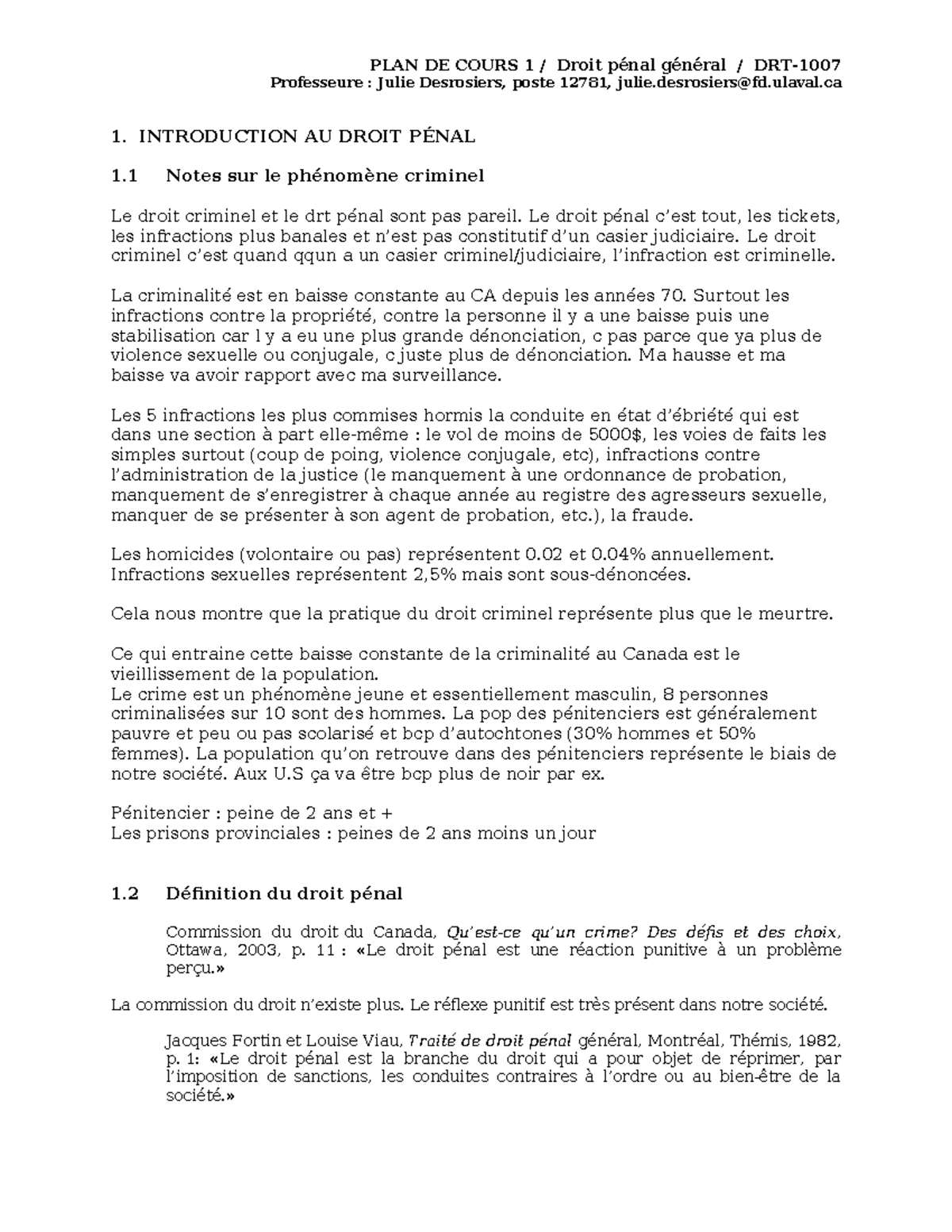 Cours 1 - PLAN DE COURS 1 / Droit pénal général / DRT- Professeure ...