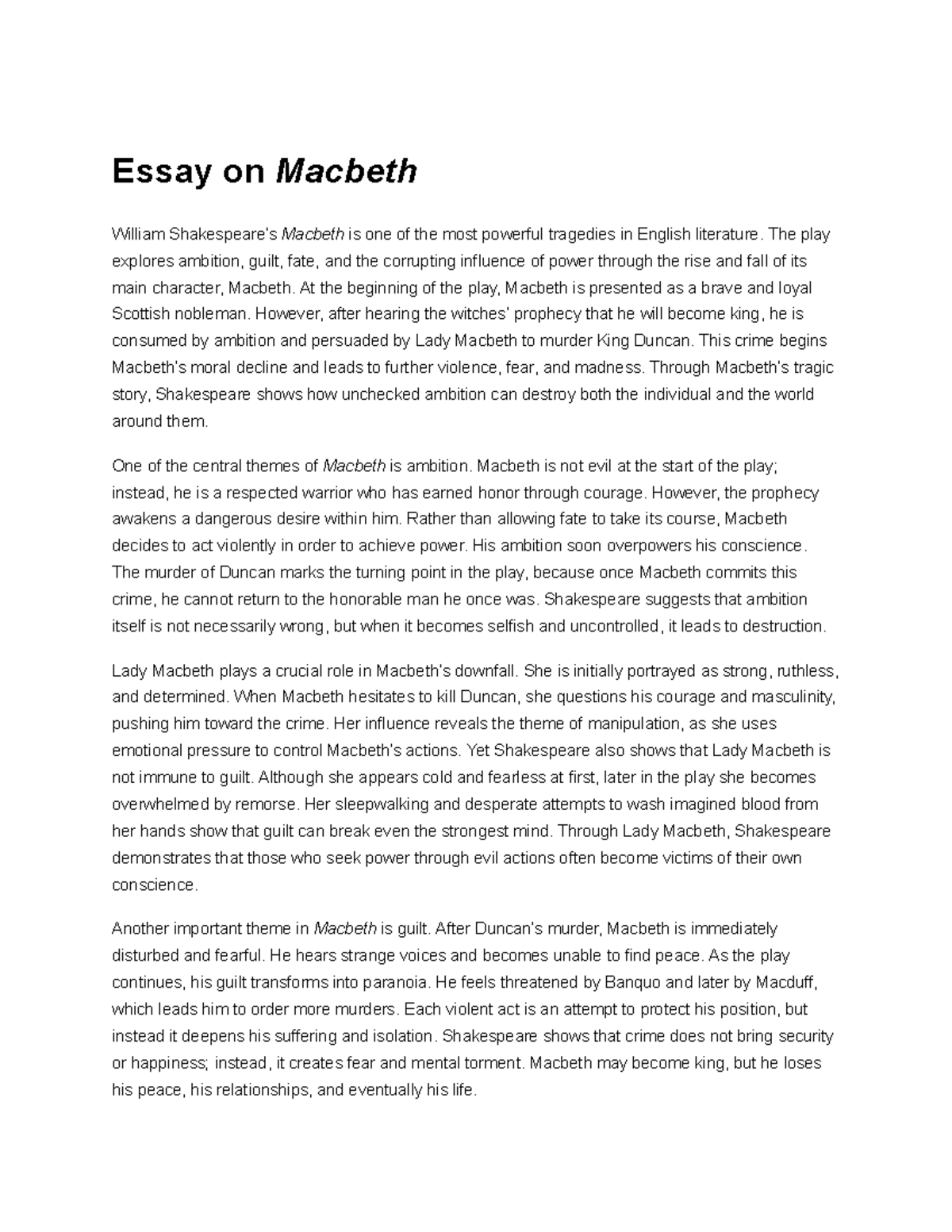 Essay on Macbeth: Themes of Ambition and Guilt - Studocu