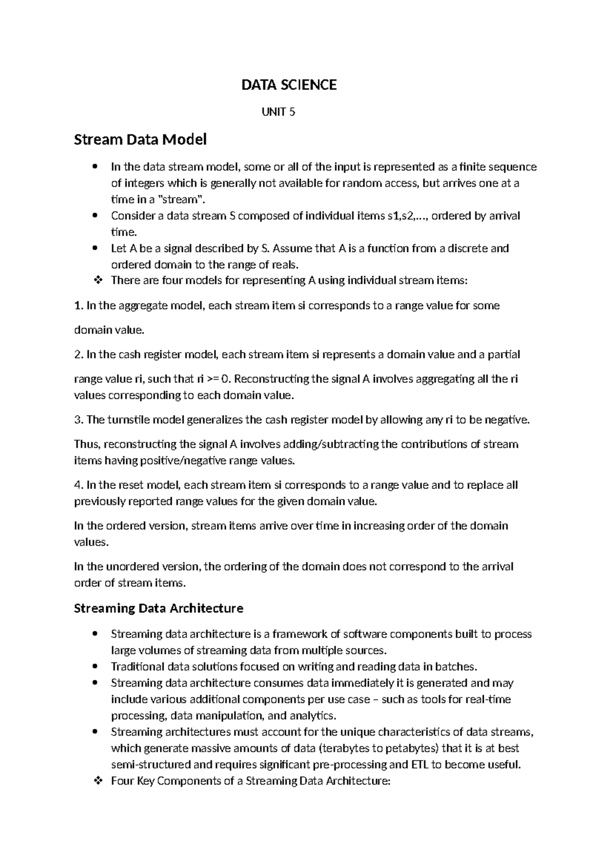 DATA SCIENCE UNIT 5: Stream Data Model and Architecture Notes - Studocu