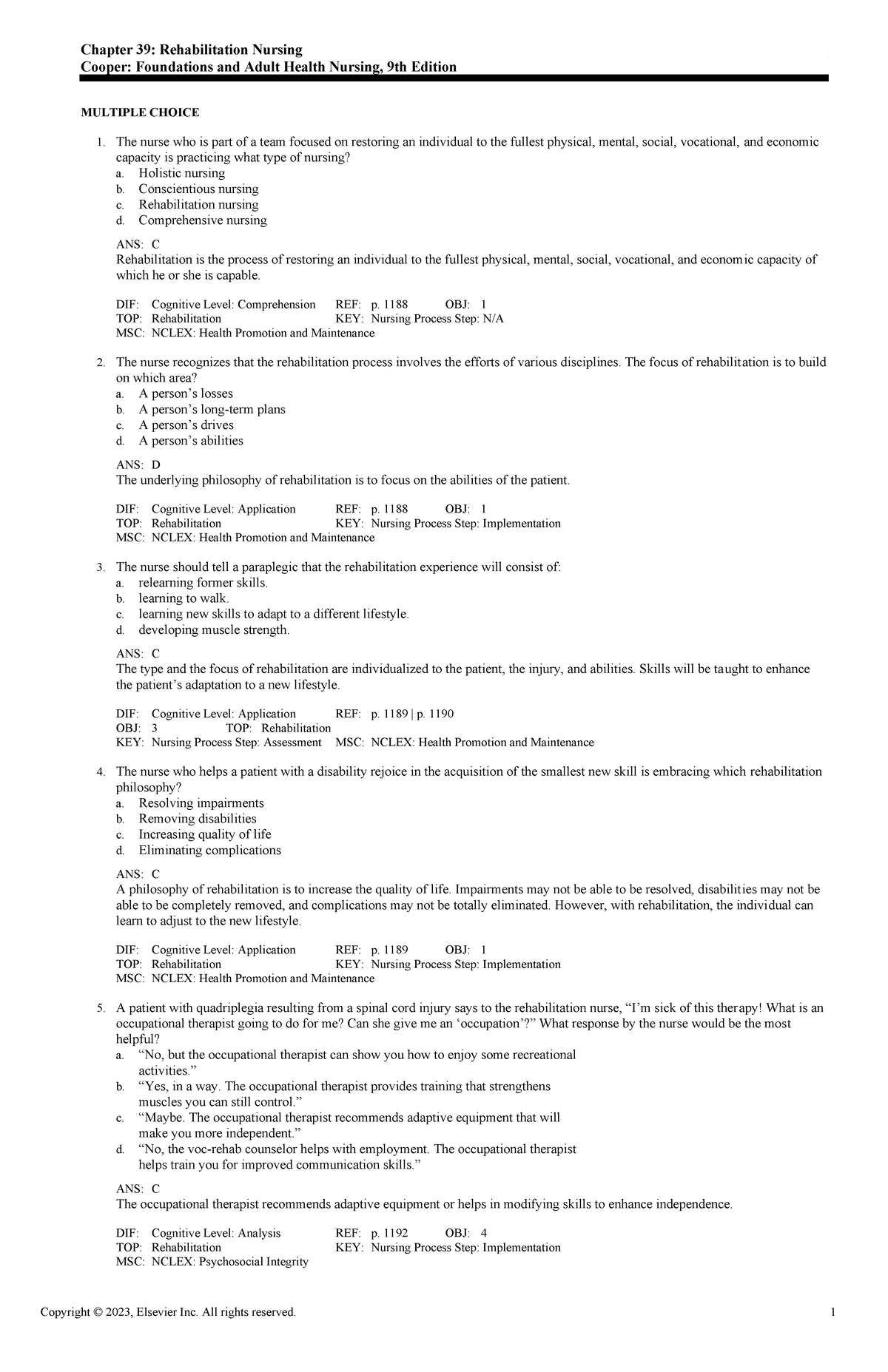 Nursing Quiz - Exam View Chapter 39: Rehabilitation Nursing - Studocu