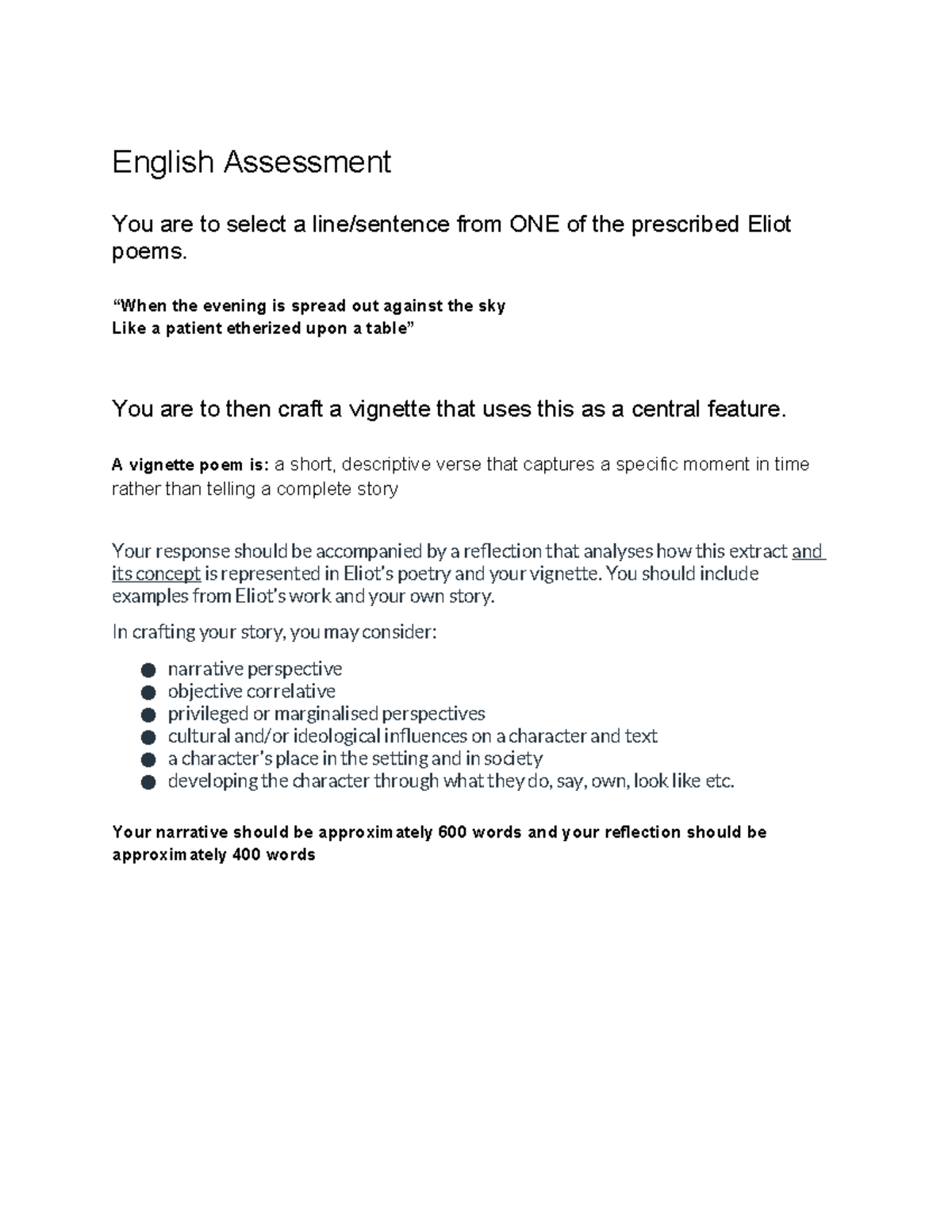 English Assessment: Vignette & Reflection on Eliot's Poetry - Studocu