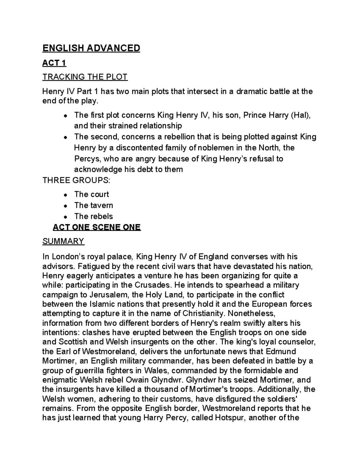 Act 1 Summary of King Henry IV: Plot and Character Analysis - Studocu