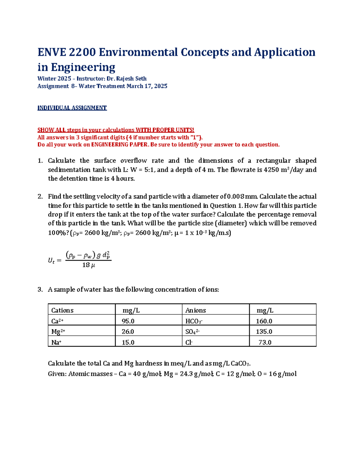 2025 ENVE 2200 Assignment 8: Water Treatment Calculations Guide - Studocu