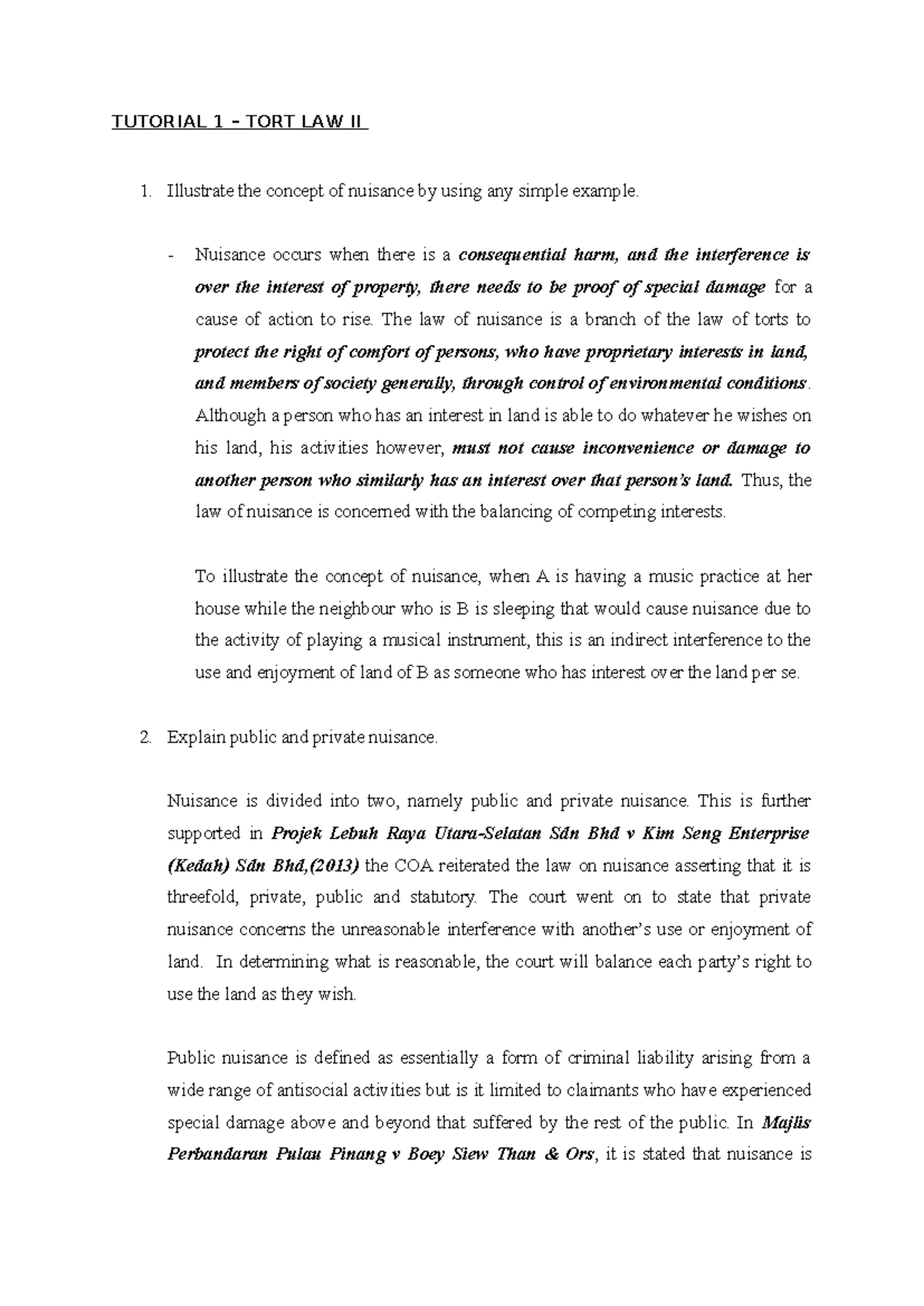 TUTORIAL 1: UNDERSTANDING TORT LAW II - NUISANCE & ITS CATEGORIES - Studocu