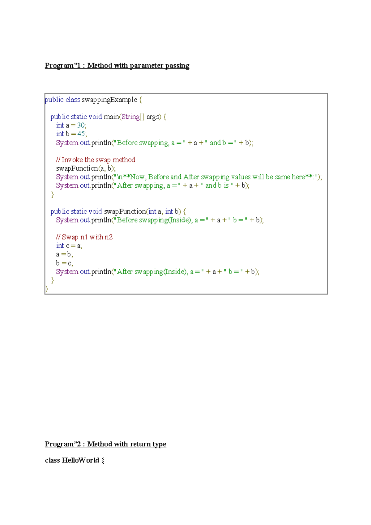 Method with Parameter Passing in Java: Swapping Example - Studocu