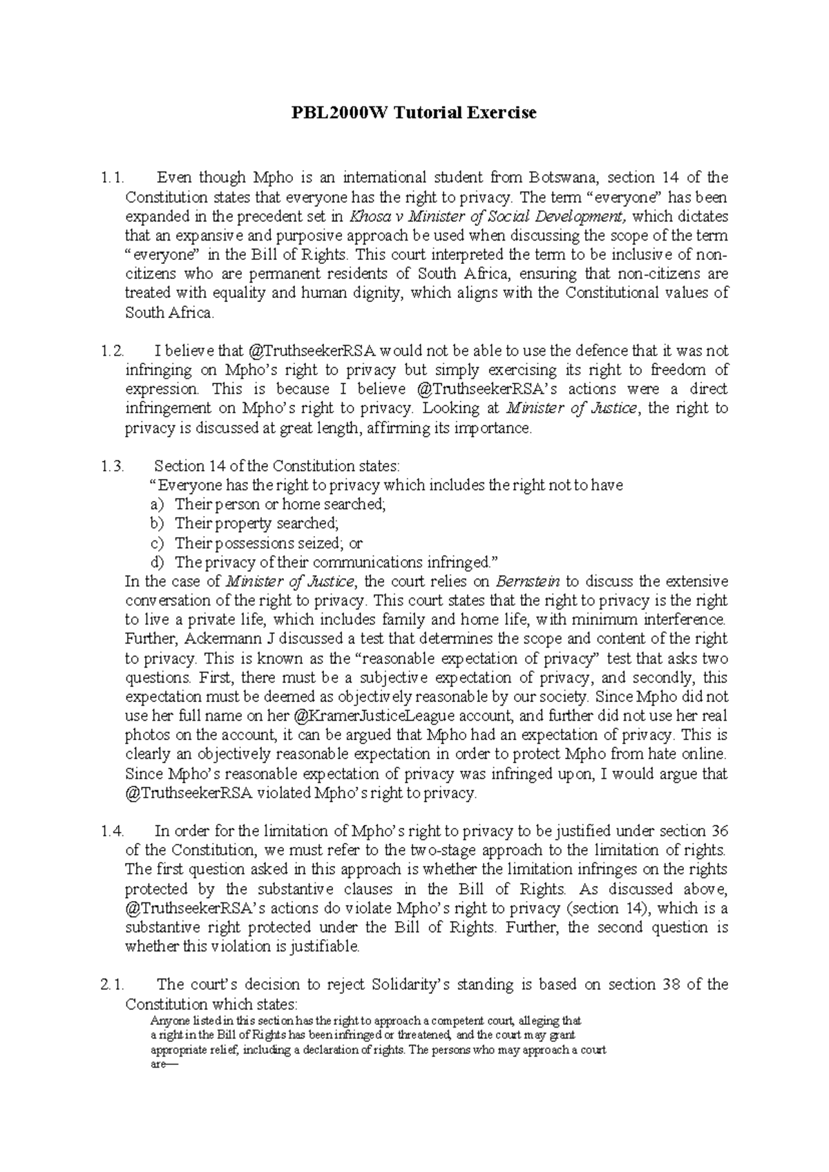 PBL2000 W Tutorial Exercise 1: Privacy Rights & Legal Standing Analysis ...