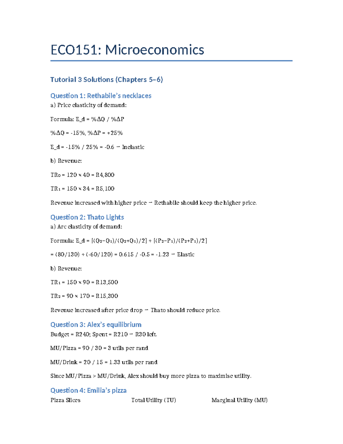 ECO151: Microeconomics Tutorial 3 Solutions and Analysis - Studocu