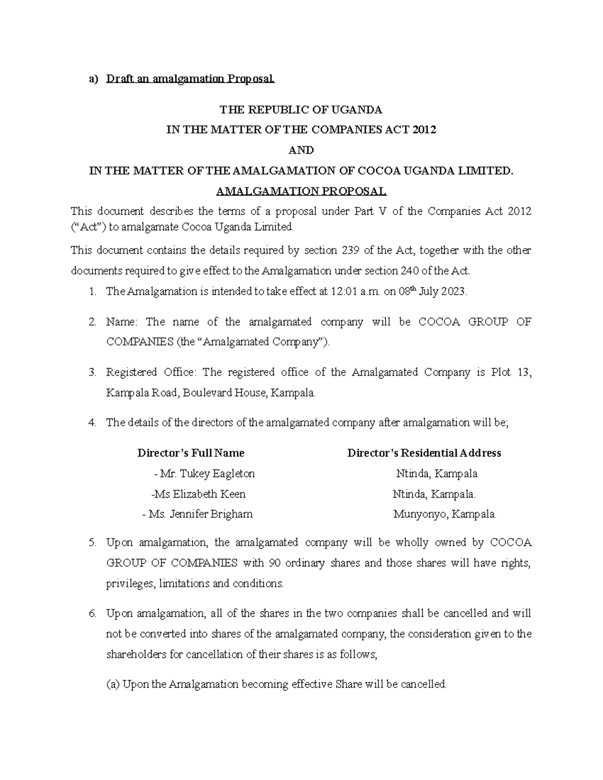 Amalgamation Proposal for Cocoa Uganda Ltd under Companies Act 2012 ...