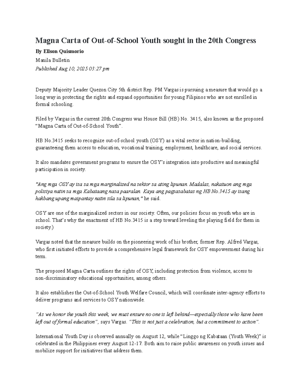 Magna Carta for Out-of-School Youth: HB No. 3415 Insights - Studocu