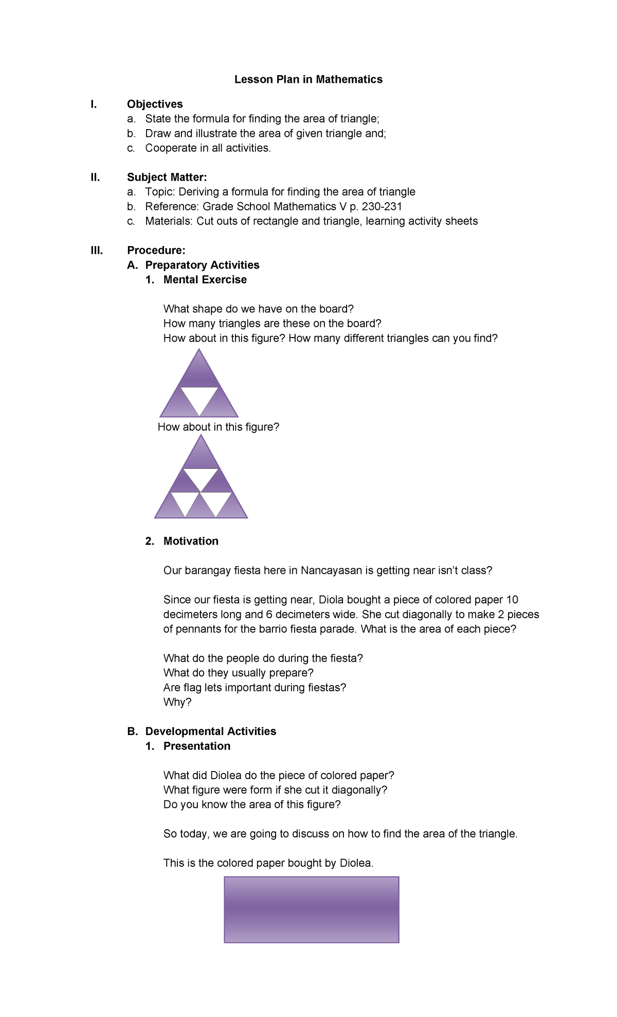 Mathematics Lesson Plan: Finding Area of Triangles (140306) - Studocu