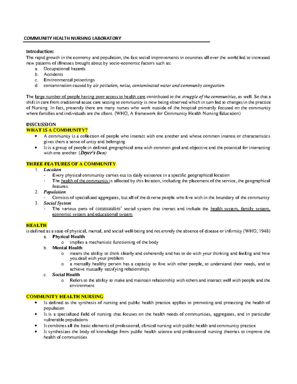 Community Health Nursing Lab Notes - Module 1 Overview - Studocu
