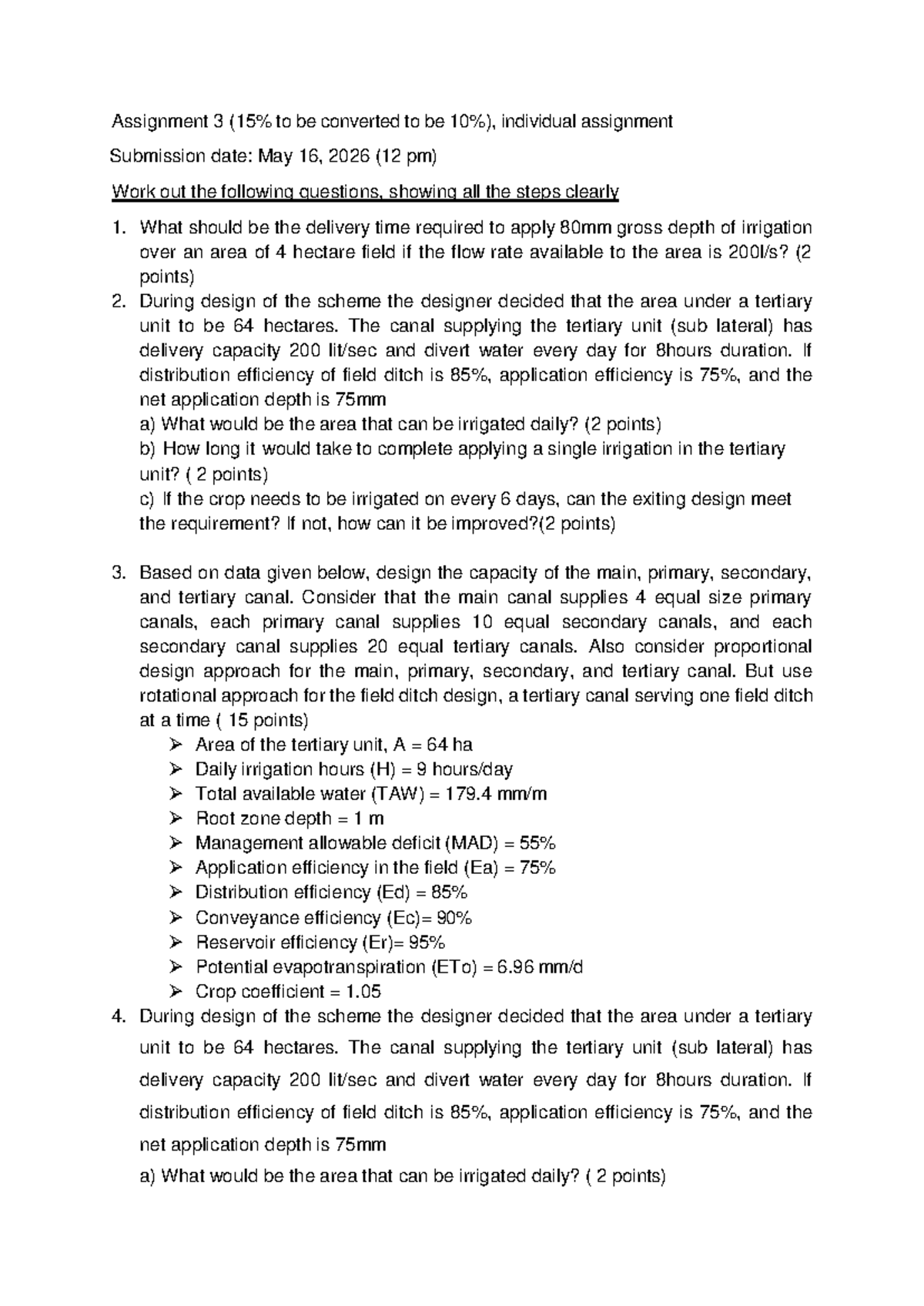 Irrigation Design & Drainage Analysis - Assignment 3 - Studocu