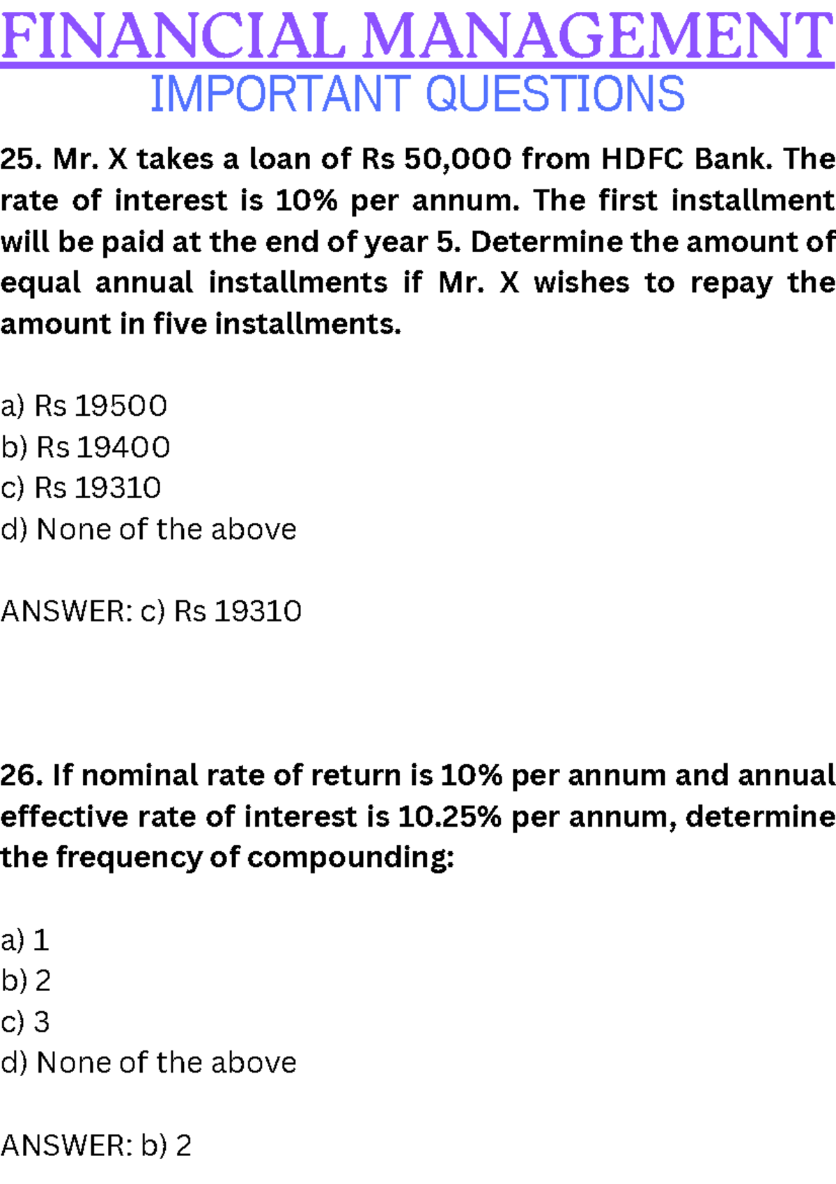 Financial Management 5: Key Questions and Answers Review - Studocu