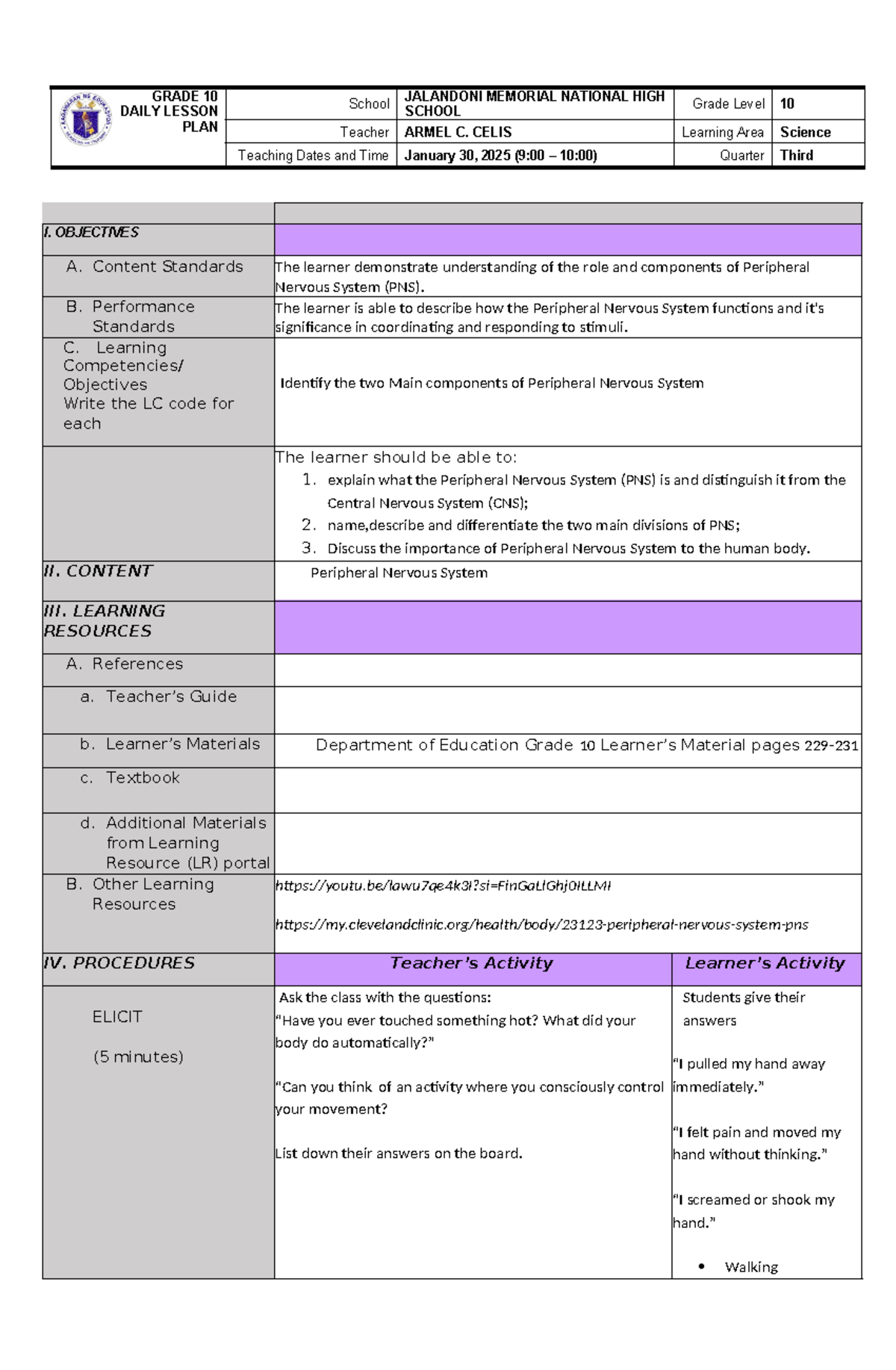 Peripheral Nervous System Grade 10 Final Lesson Plan - Studocu