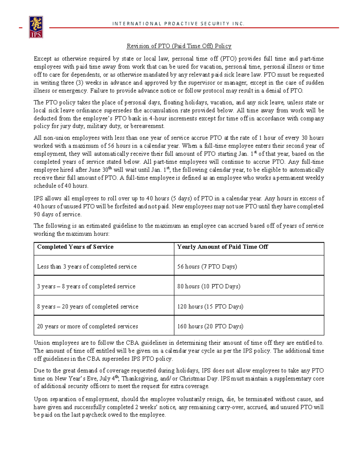 Revised PTO Policy Memo - I N T E R N A T I O N A L P R O A C T I V E S ...