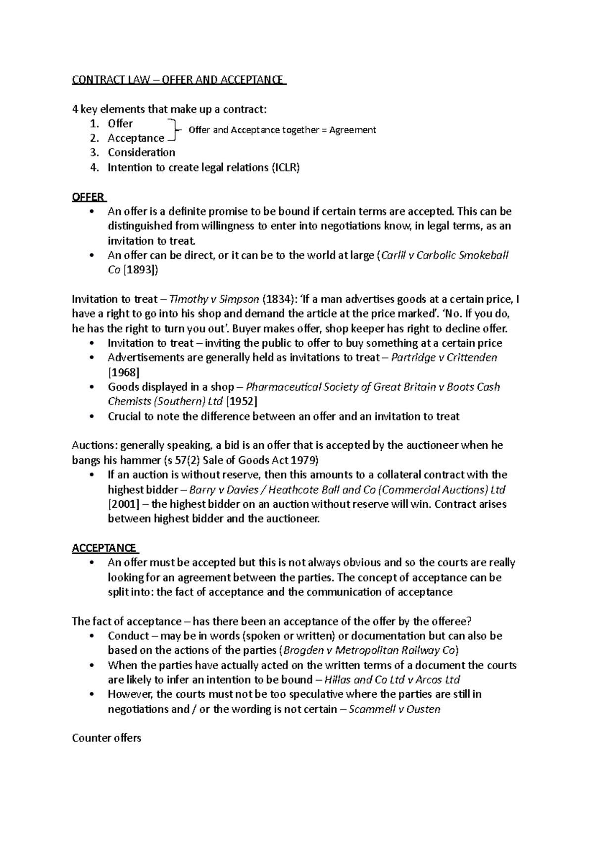 Contract Law Key Concepts Of Offer And Acceptance Review Studocu