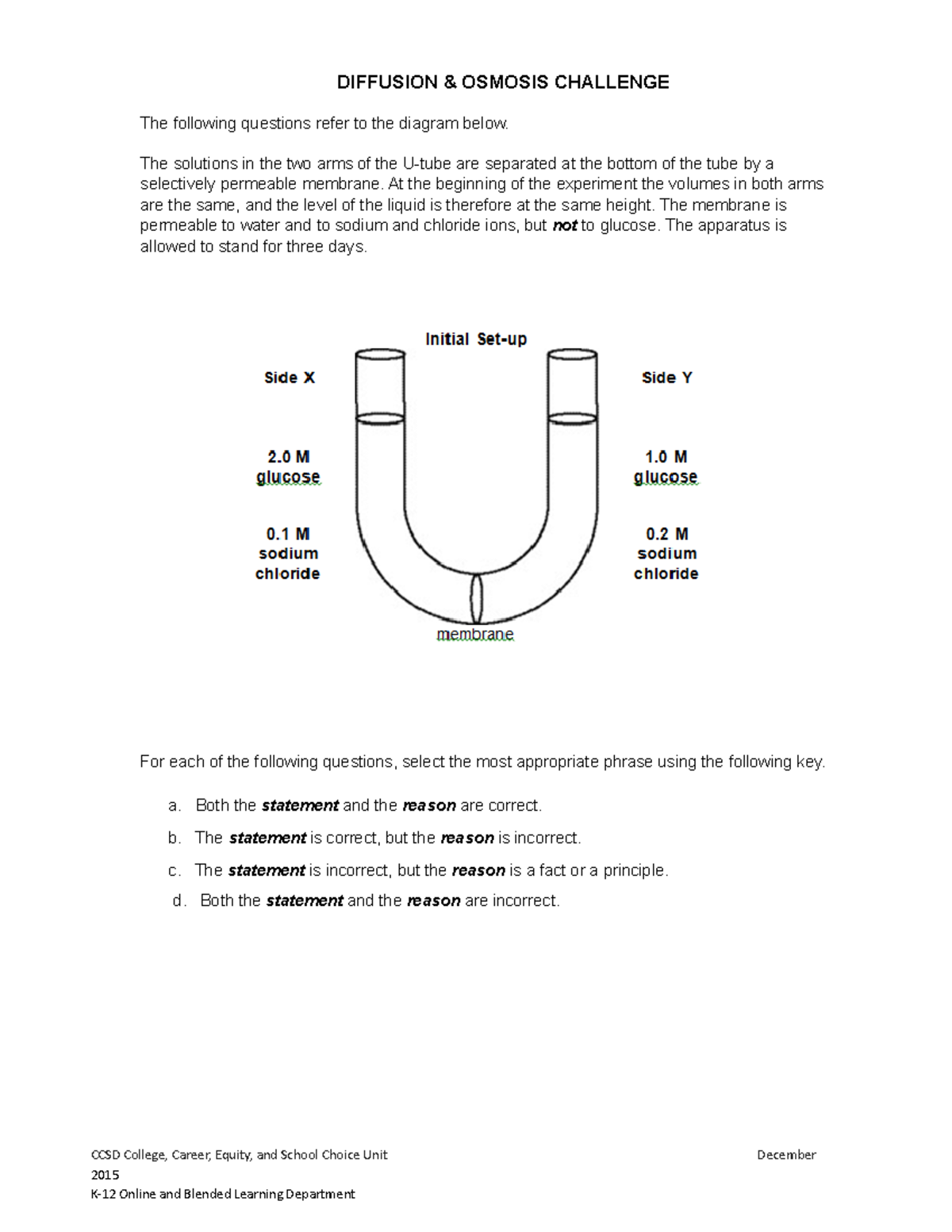 S2 M9L1 Osmosis Challenge - DIFFUSION & OSMOSIS CHALLENGE The following ...