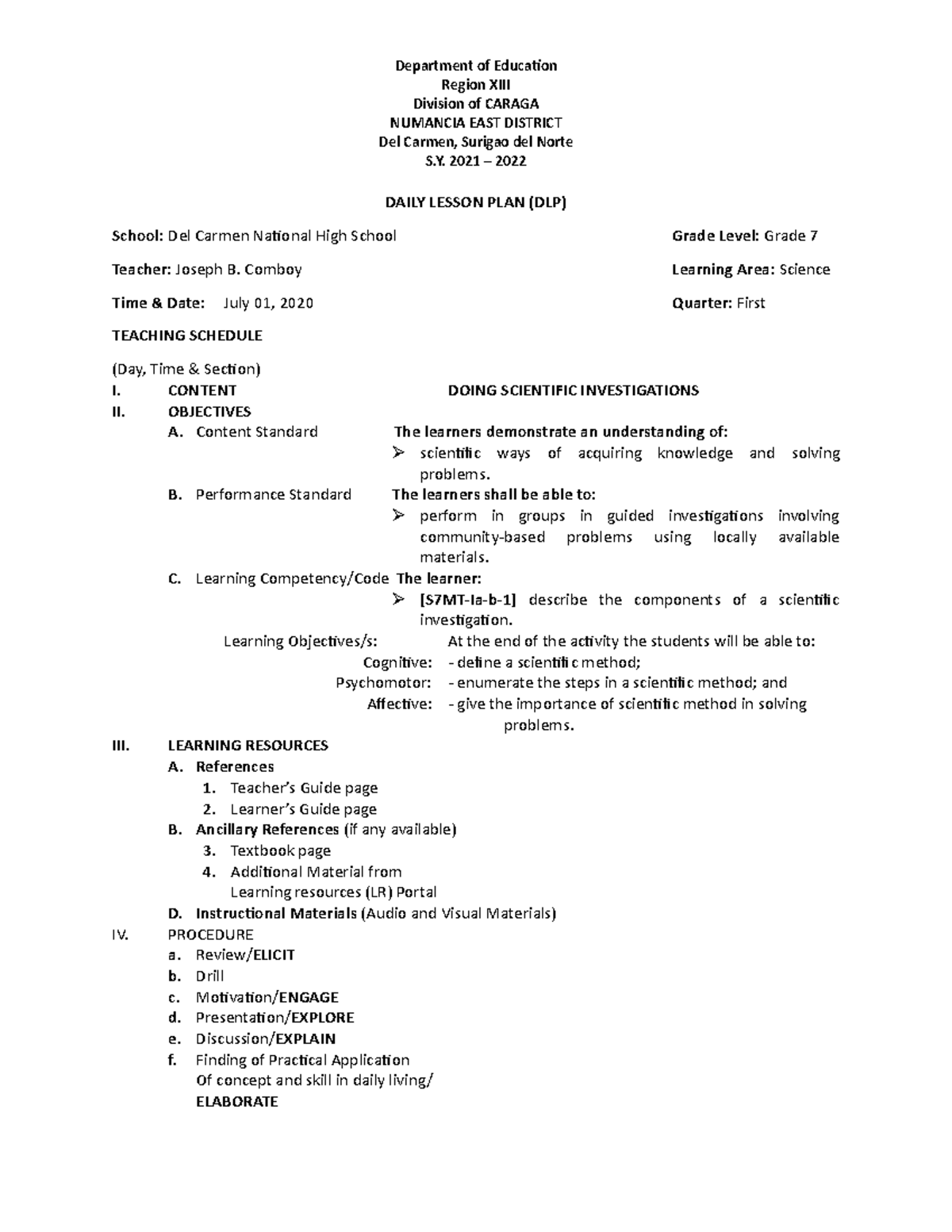 7 E's Lesson Plan for Grade 7 Science - S.Y. 2021-2022 - Studocu