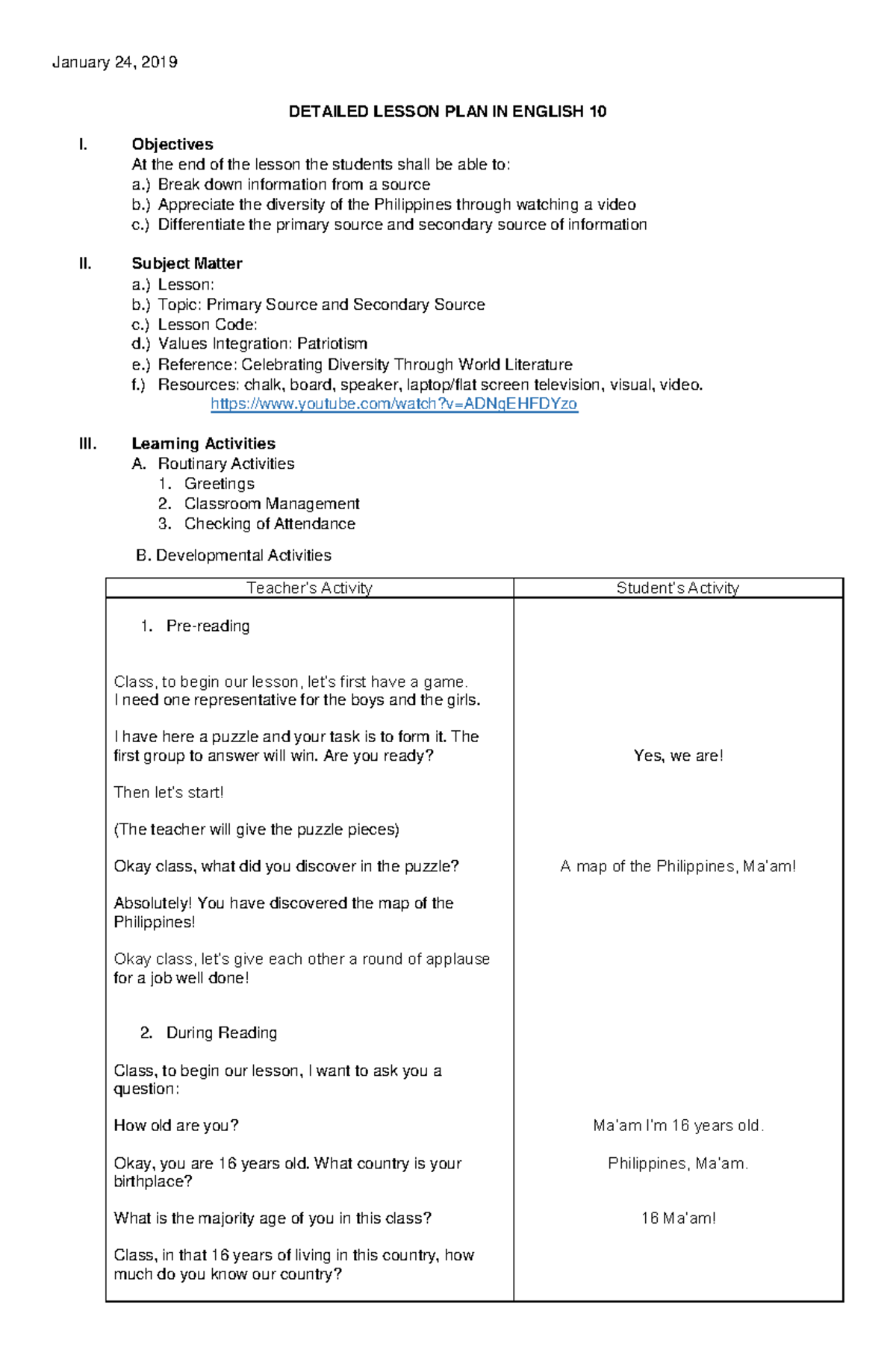 Detailed Lesson Plan on Primary & Secondary Sources - Eng 10 - Studocu