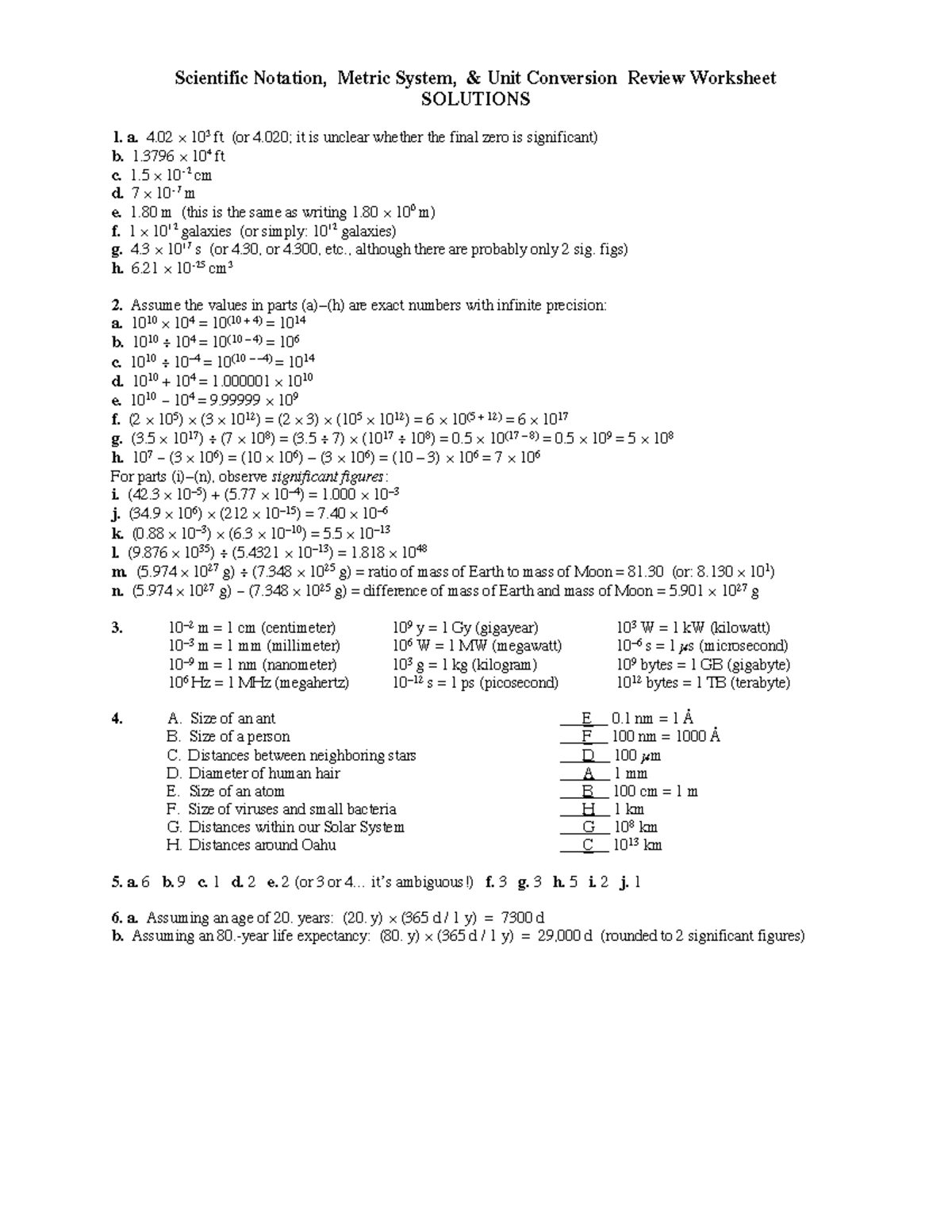 Scientific Notation & Unit Conversion Review Worksheet SOLUTIONS 2015 ...