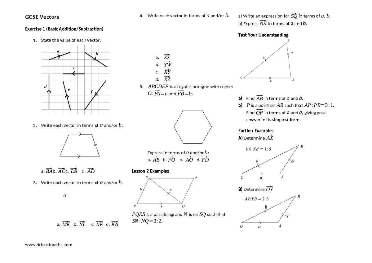 GCSE Vectors Worksheet: Exercises, Examples & Proofs Guide - Studocu