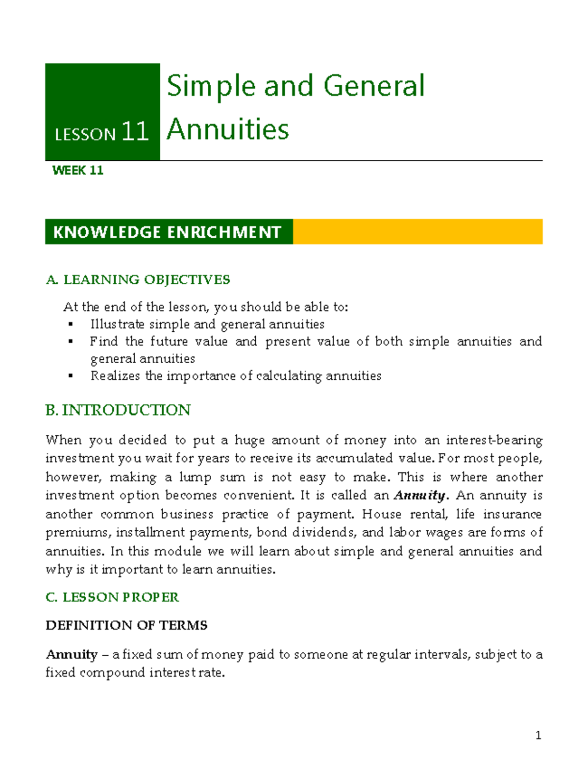 L11 Simple and General Annuities - LESSON 11 Simple and General Annuities WEEK 11 KNOWLEDGE ...
