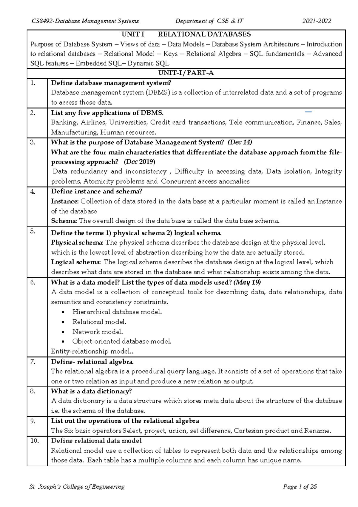 CS8492 Queston WITH Answer - UNIT I RELATIONAL DATABASES Purpose of ...