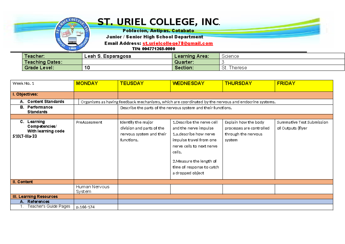 Grade 10 Science Lesson Plan: Week 1 - Nervous System Overview - Studocu