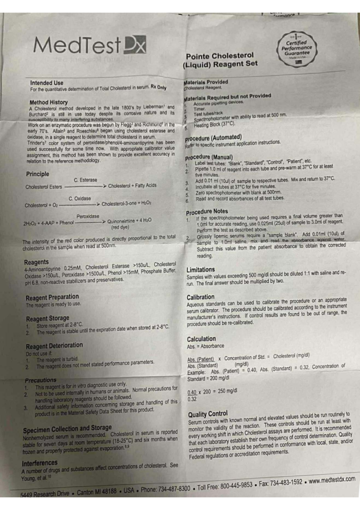 MedTest: Quantitative Total Cholesterol Determination Method - Studocu