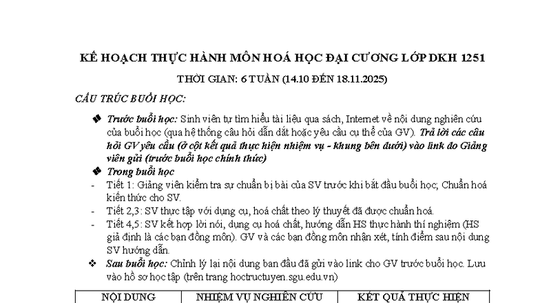 KẾ HOẠCH THỰC HÀNH HOÁ HỌC ĐẠI CƯƠNG DKH 1251 (14.10 - 18.11.2025 ...