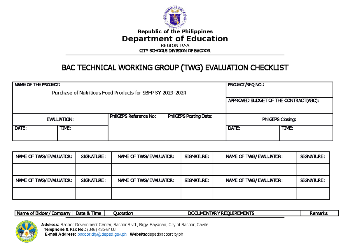 TWG Evaluation Checklist for SBFP Supplies Project 2023 - Studocu