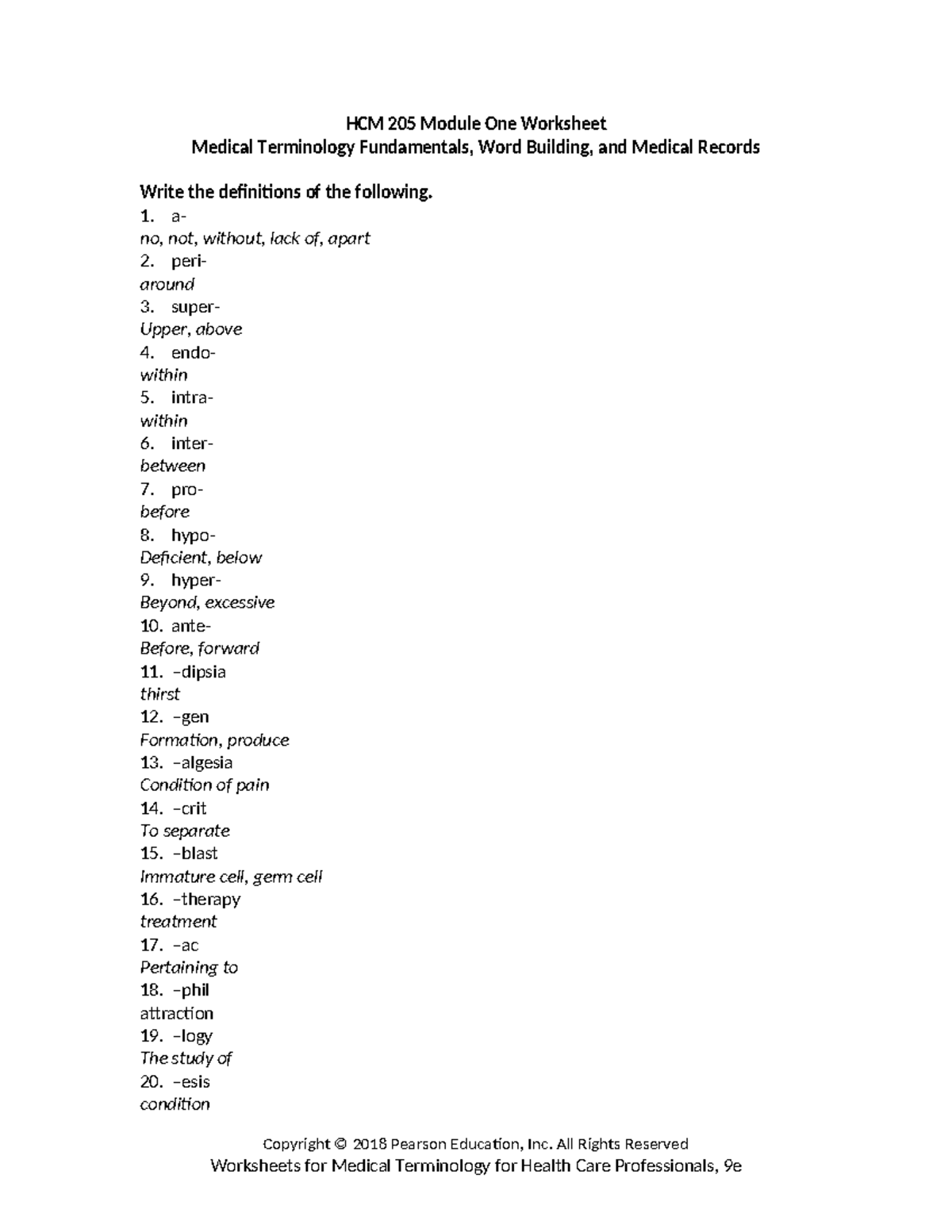 HCM 205 Module 1 Worksheet: Medical Terminology & Word Building - Studocu