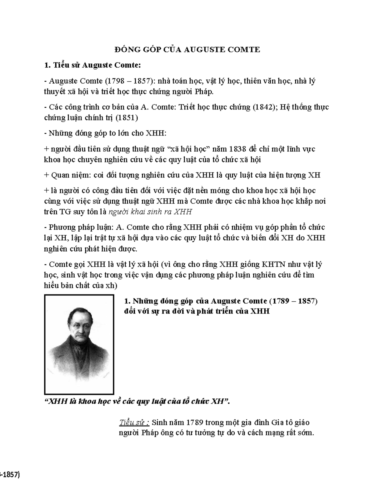 Đóng Góp Của Auguste Comte Đối Với Xã Hội Học (XHH) - Studocu