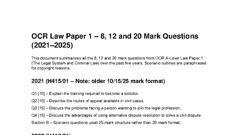 OCR Law Paper 1: 8, 12, & 20 Mark Questions Summary (2018-2024) - Studocu