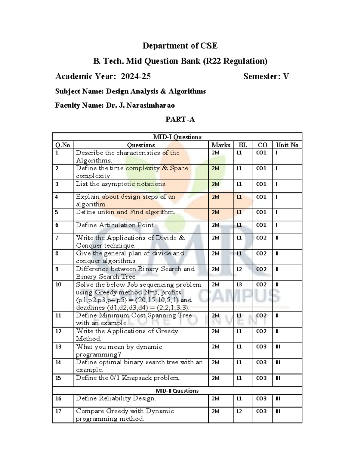 CSE B. Tech. Mid Question Bank (R22) - Design & Analysis of Algorithms ...