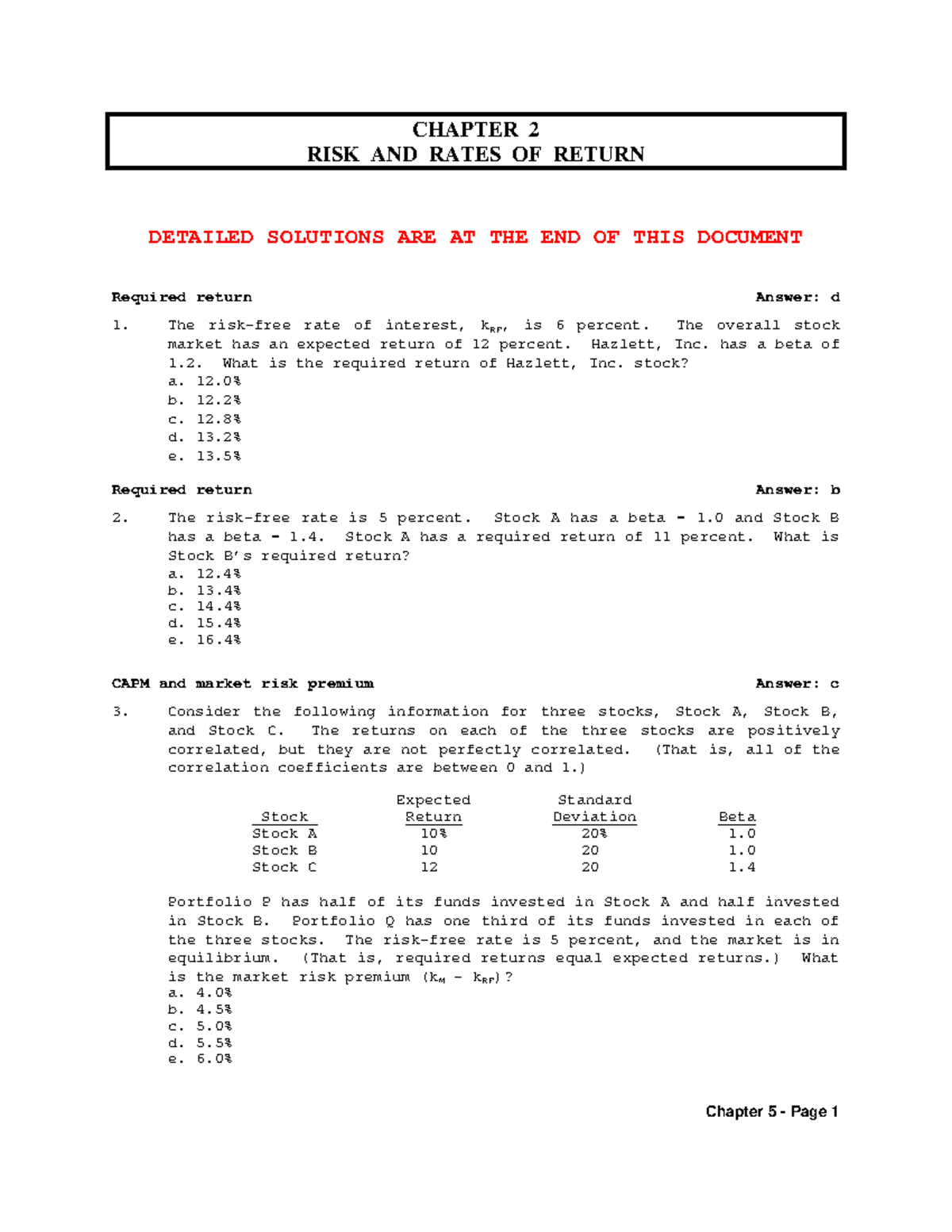 RISK AND RETURN: Key Concepts and Solutions for Finance Exam - Studocu