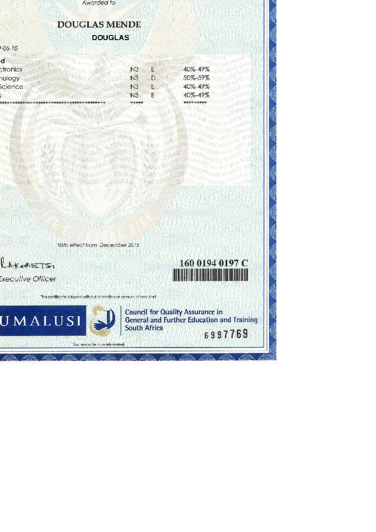 N3 Certificate of Achievement - Douglas Mende - Studocu