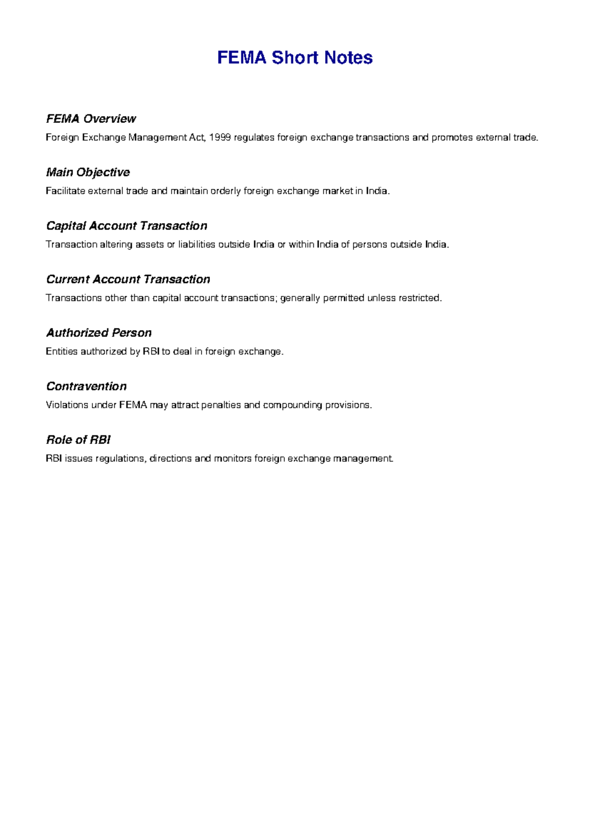 FEMA Short Notes - FEMA Short Notes FEMA Overview Foreign Exchange ...