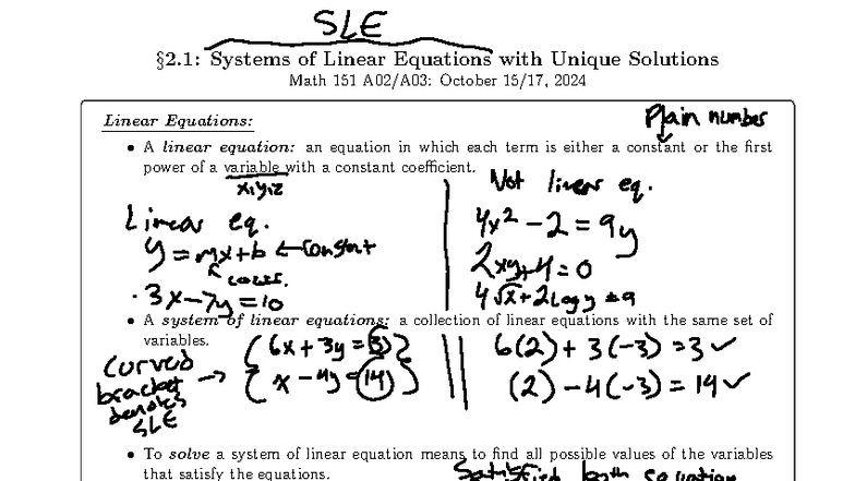 Math 151: Systems of Linear Equations with Unique Solutions - Lecture ...