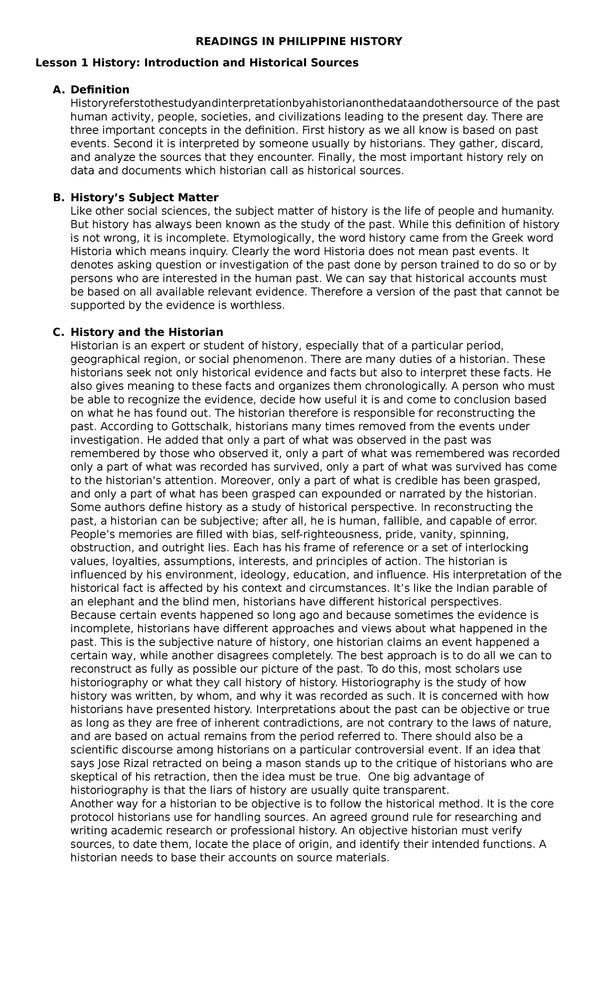 Readings in Philippine History: Lesson 1 - Introduction & Sources - Studocu