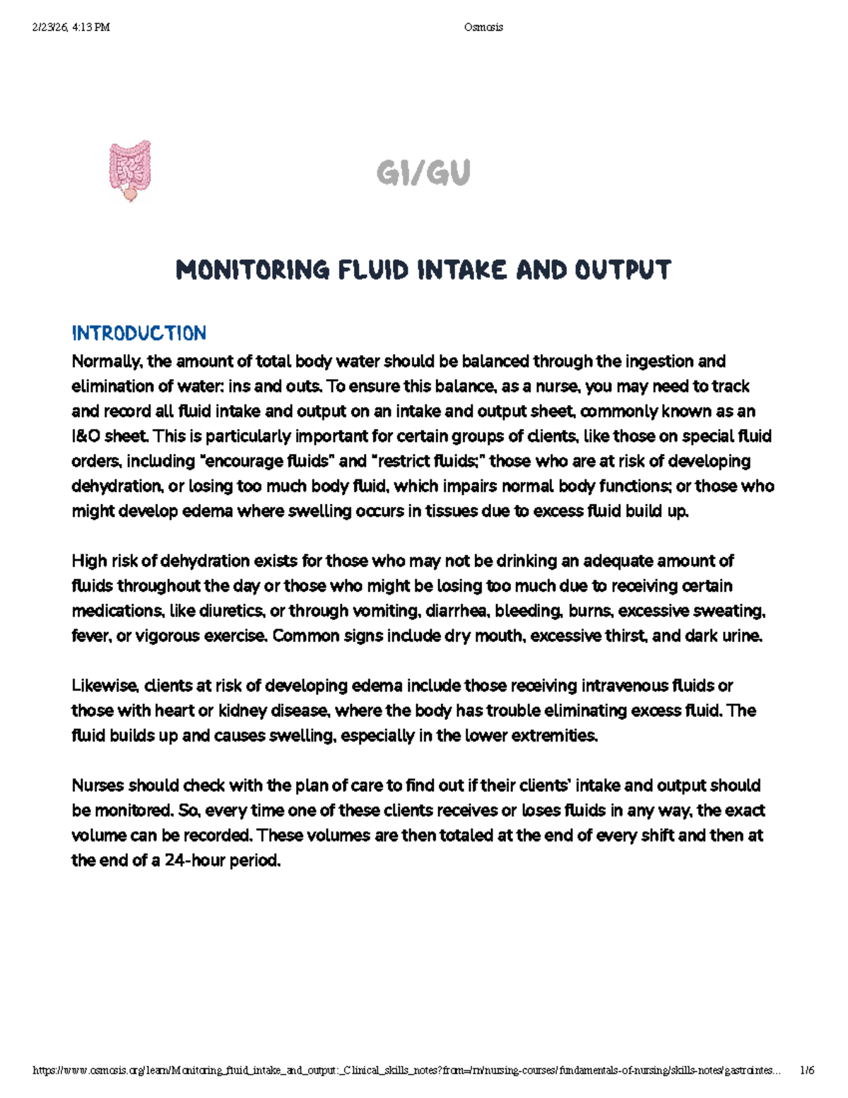 Monitoring Fluid Intake and Output: Clinical Skills Notes (NURS 101 ...