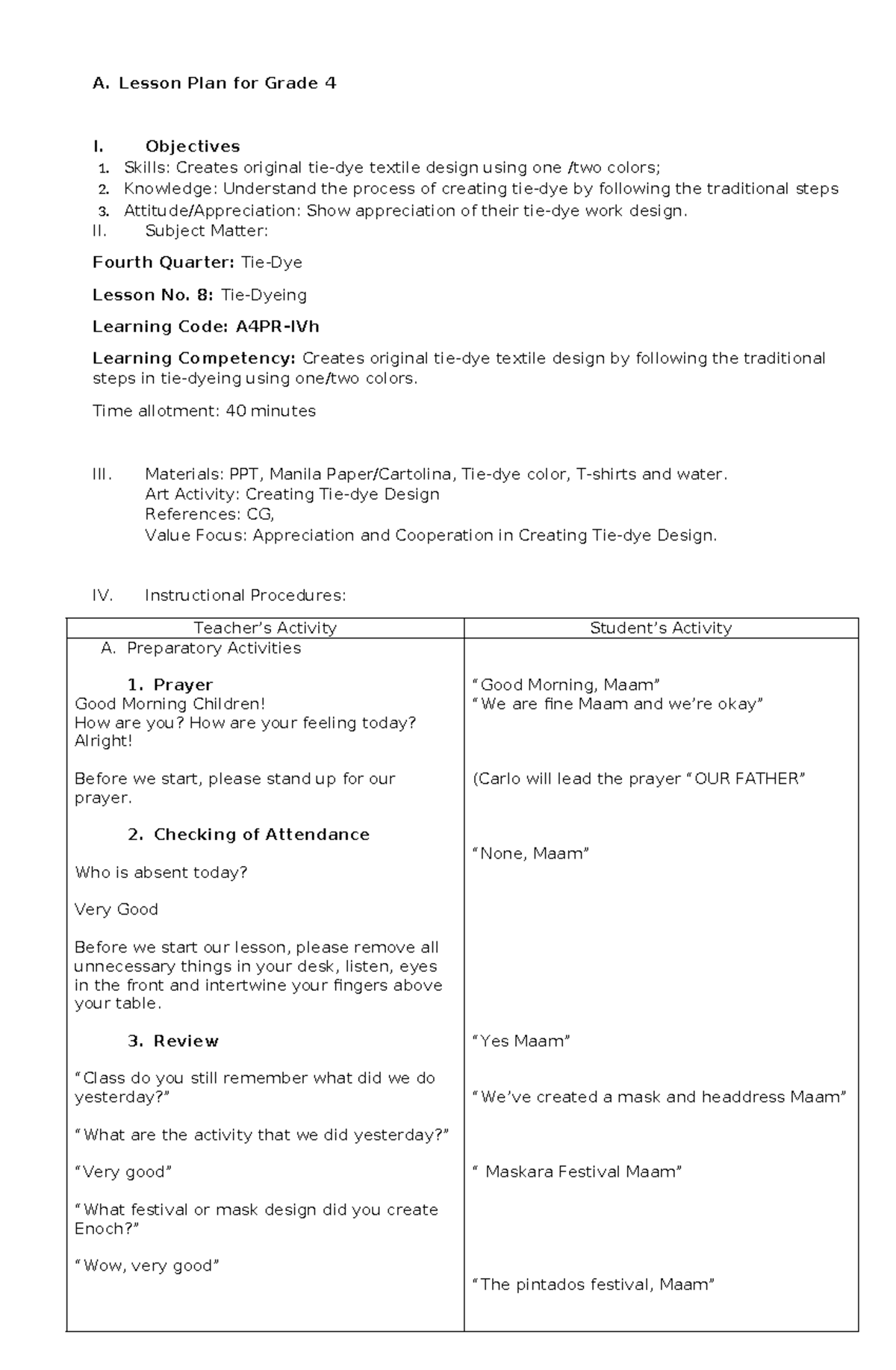 Grade 4 Lesson Plan: Tie-Dyeing Techniques A4PR-IVh - Studocu