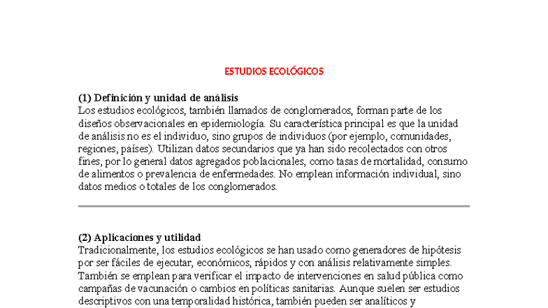 Estudios Ecológicos 1: Análisis y Aplicaciones en Epidemiología - Studocu