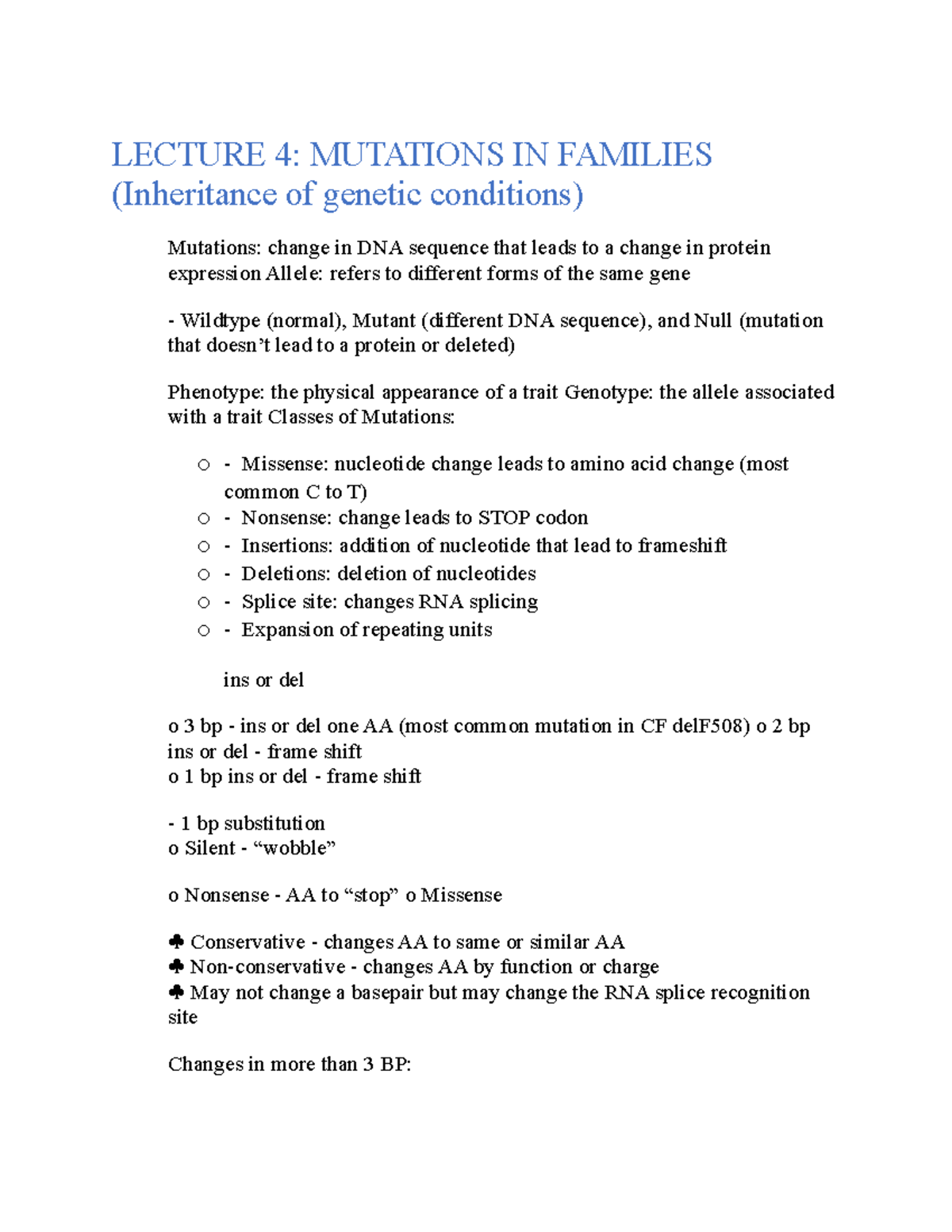 Lecture 4 mutations in families - LECTURE 4: MUTATIONS IN FAMILIES ...
