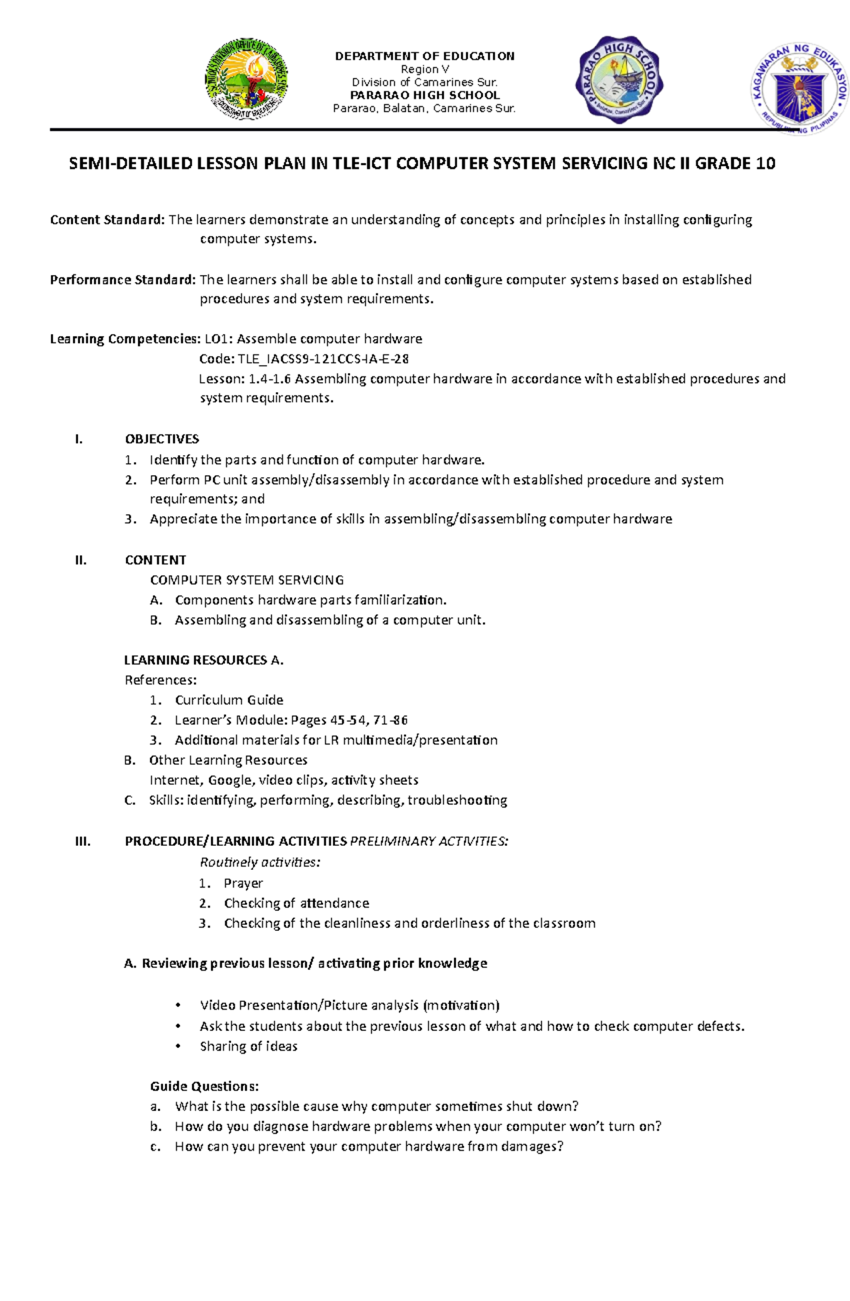 SEMI-DETAILED LESSON PLAN: TLE-ICT Computer System Servicing NC II ...