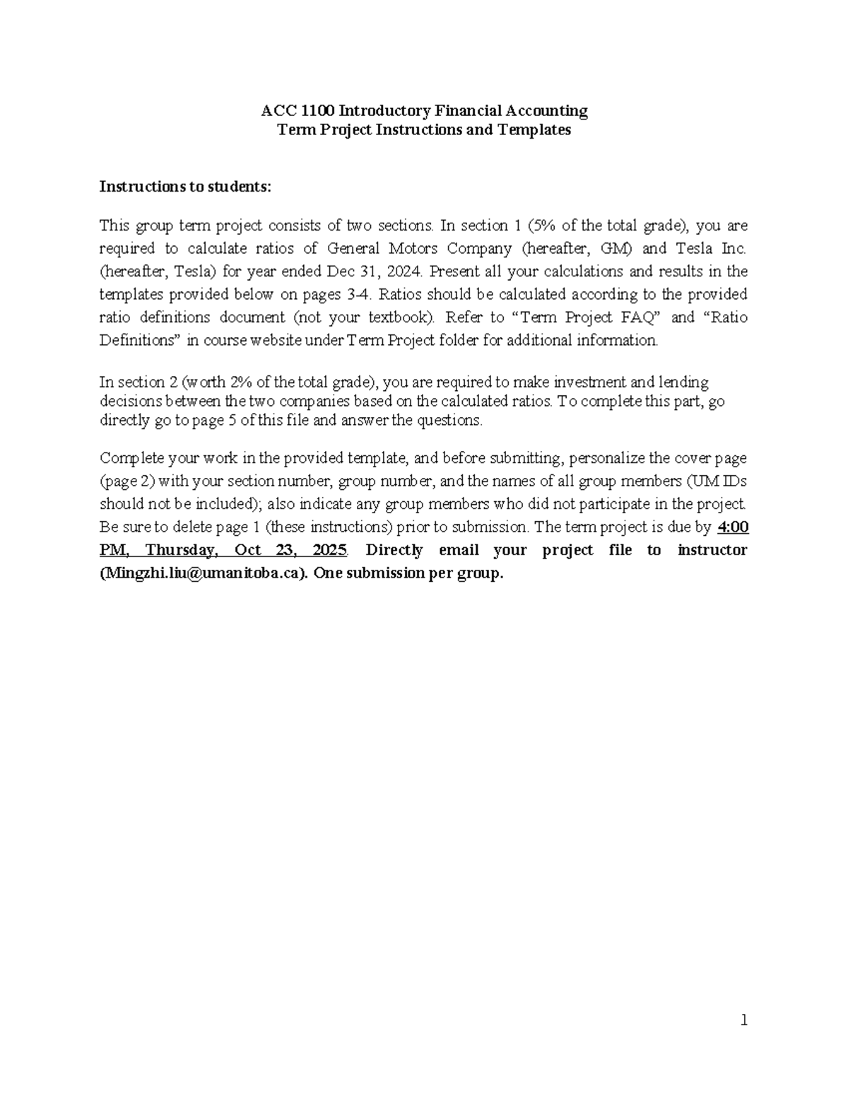 ACC 1100 Term Project: Financial Ratios & Investment Analysis F25 - Studocu