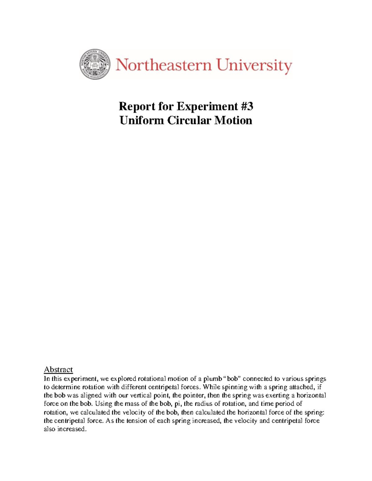 Phys 1 Exp 3 - Investigating Uniform Circular Motion and Centripetal Force - Studocu