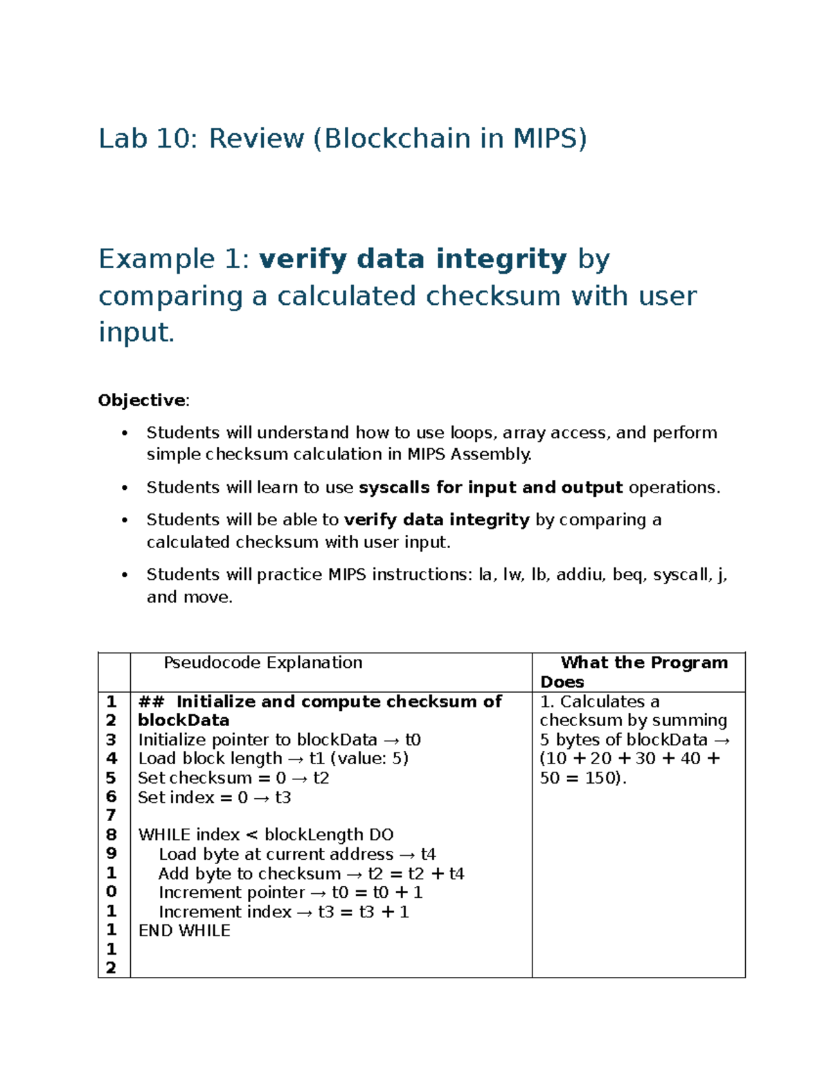 Lab 10: Data Integrity Verification in MIPS Assembly - Studocu