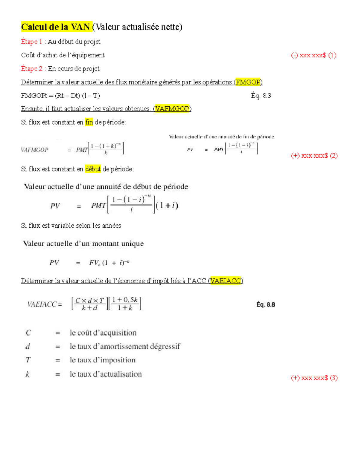 Calcul de la VAN : Résumé des Étapes et Méthodes - Studocu
