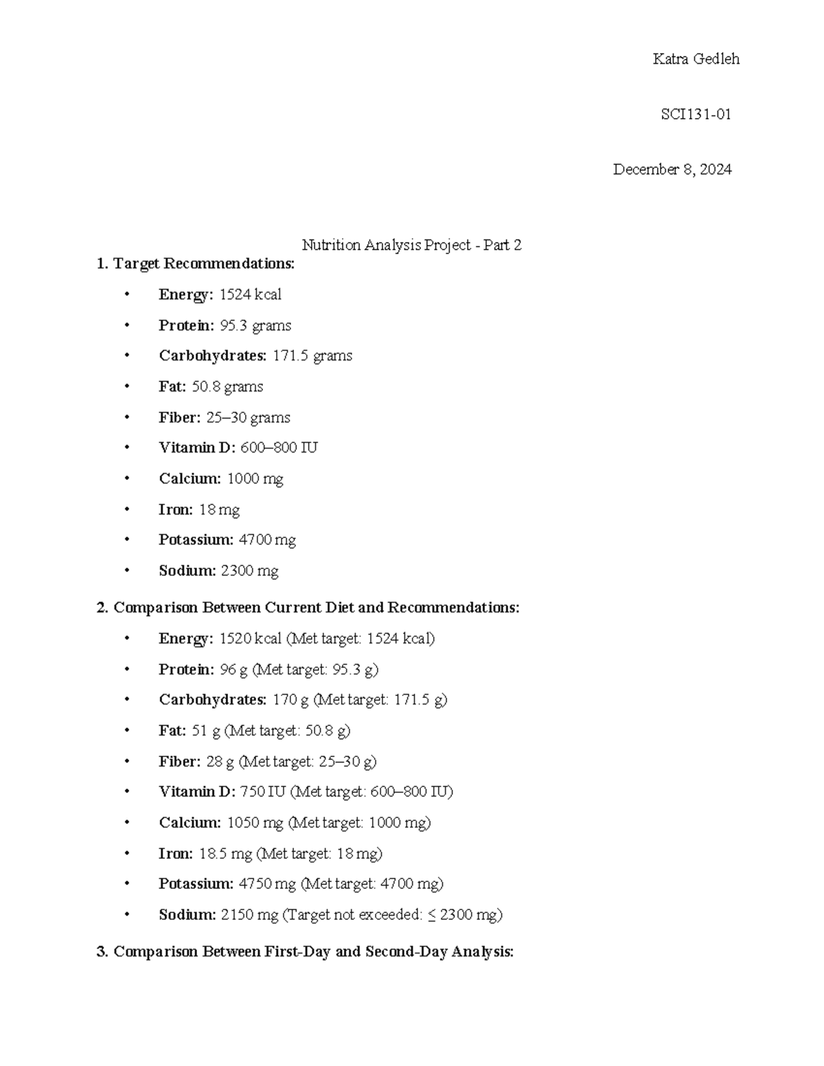 Nutrition Analysis Project - Protein: o First Day: 23 g (24% of target ...